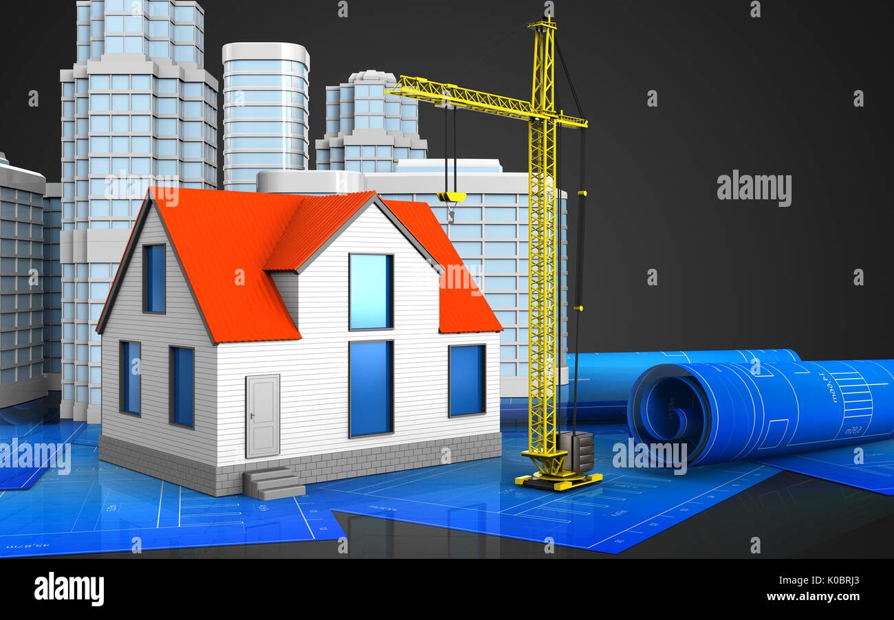 3d illustration of generic house with urban scene over black background ...