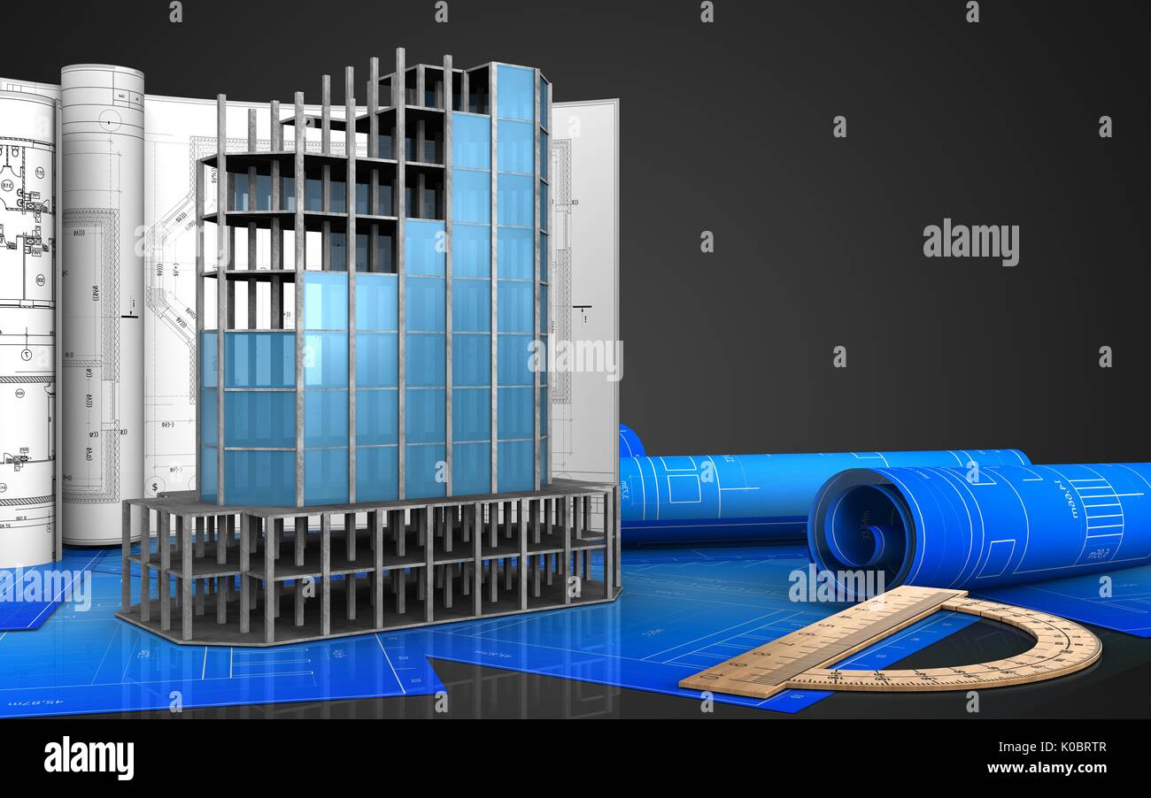 3d illustration of modern building frame with drawings over black ...