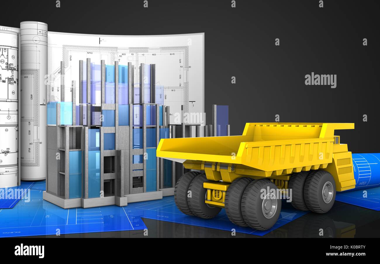 3d illustration of construction progress with drawings over black ...
