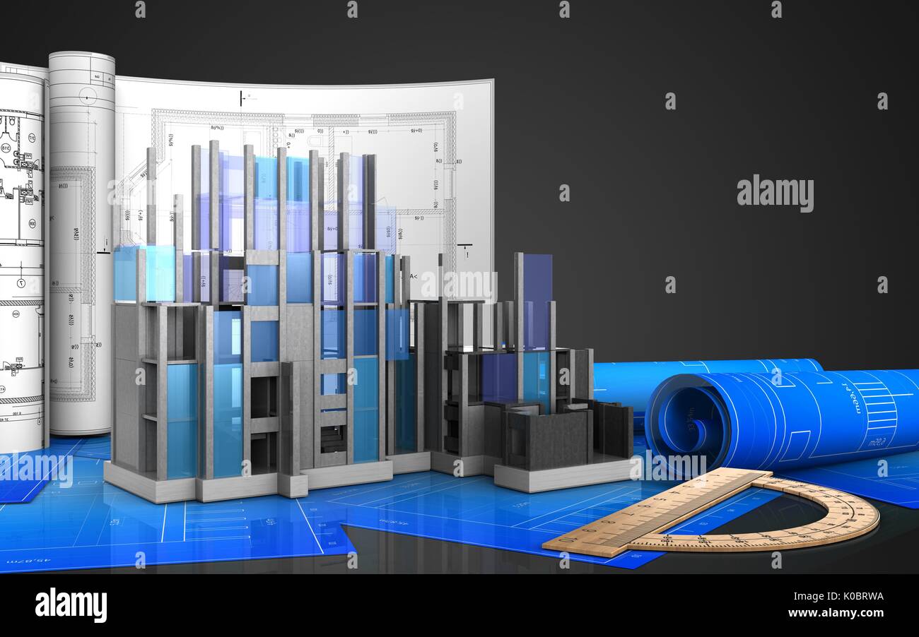 3d illustration of construction progress with drawings over black ...