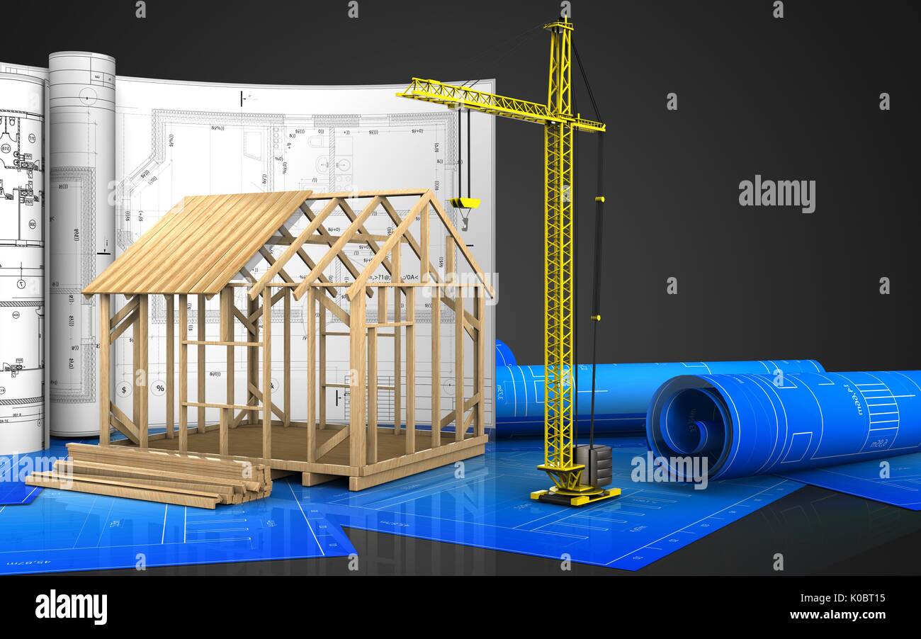 3d illustration of frame house construction with drawings over black ...
