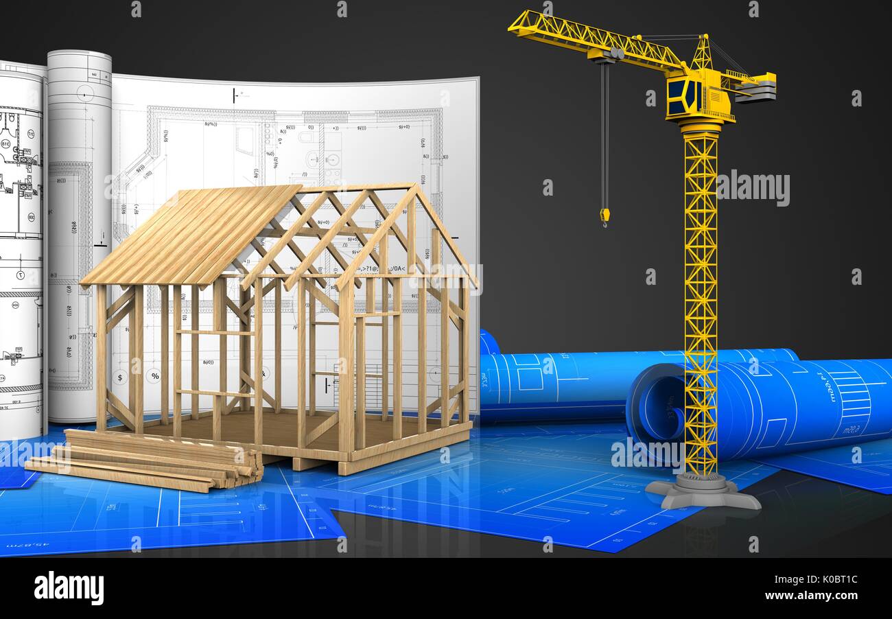 3d illustration of frame house construction with drawings over black ...