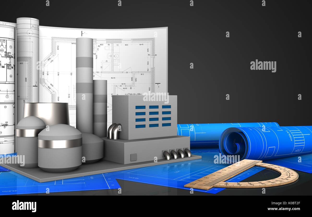 3d illustration of factory with drawings over black background Stock ...
