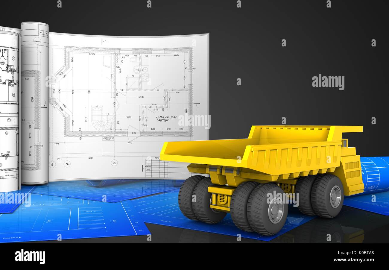 3d illustration of heavy truck with drawings over black background ...