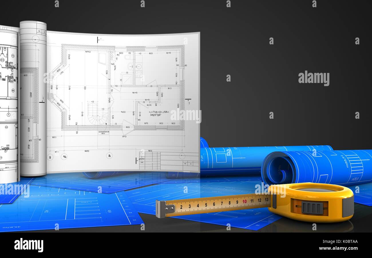 3d illustration of ruler with drawings over black background Stock ...