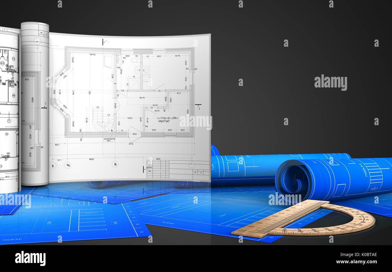 3d illustration protractor with drawings over black background Stock ...