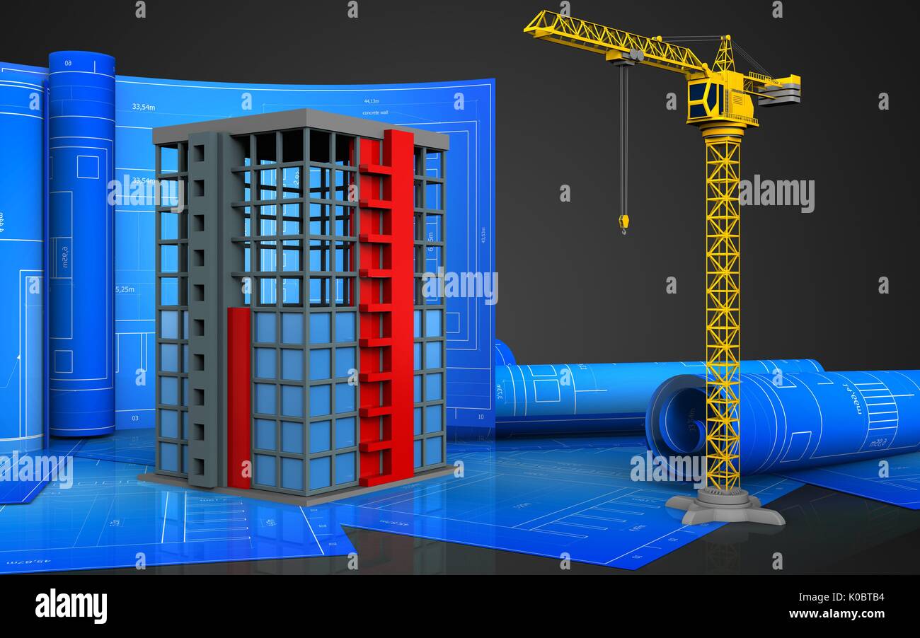 3d illustration of building construction with drawing roll over black ...