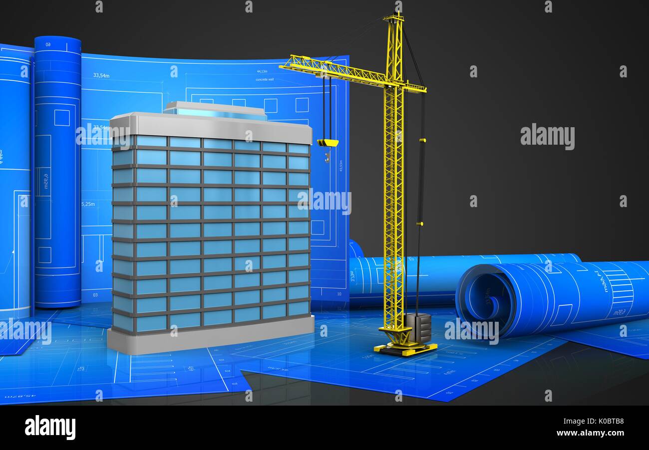 3d illustration of generic building with drawing roll over black ...