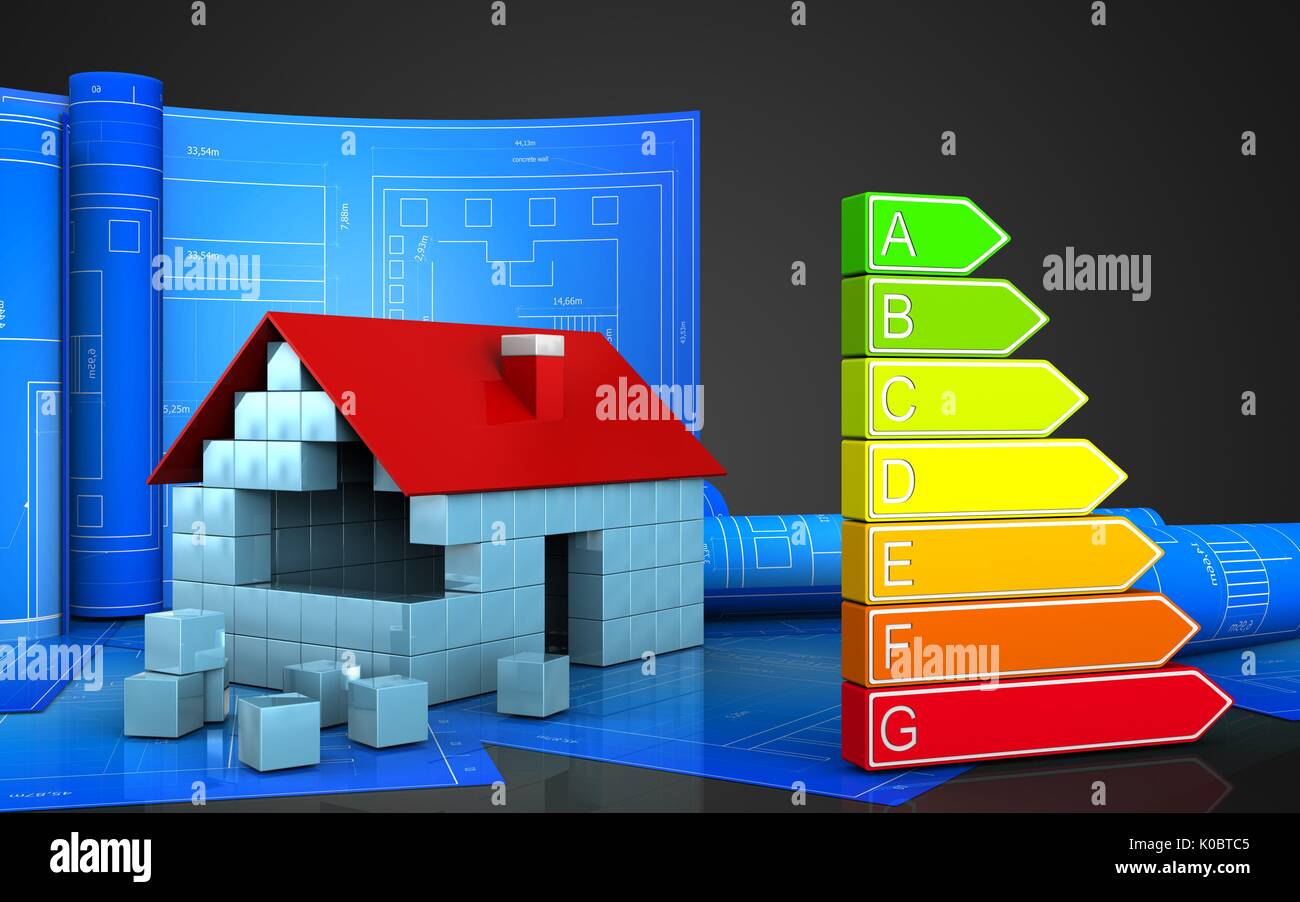 3d illustration of house blocks construction with drawing roll over ...