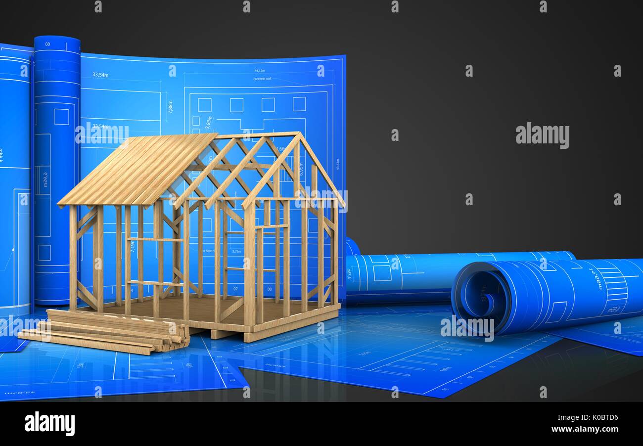 3d illustration of frame house construction with drawing roll over ...