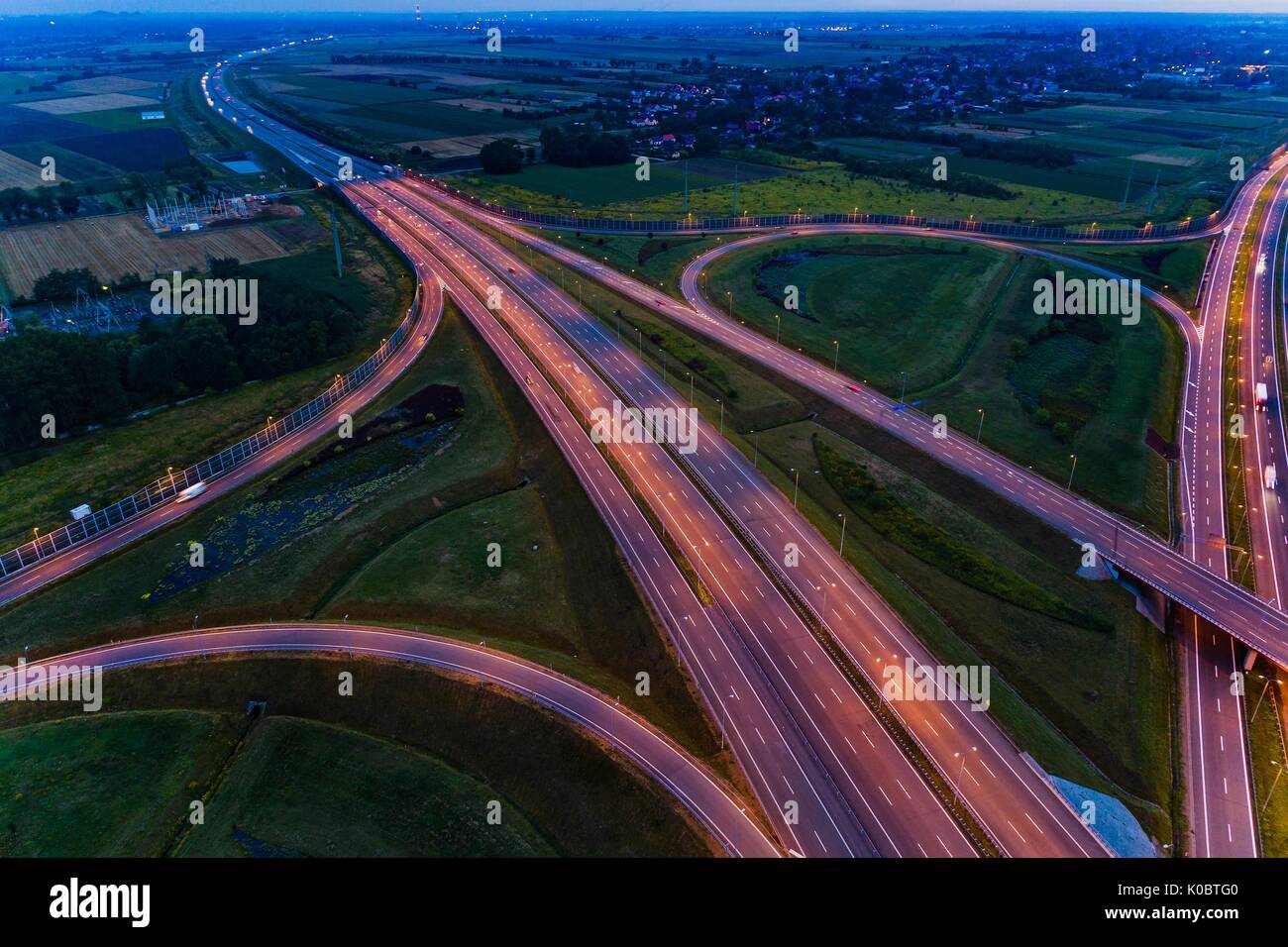 Aerial view on evening traffic on motorway junction. Gliwice, Silesia ...