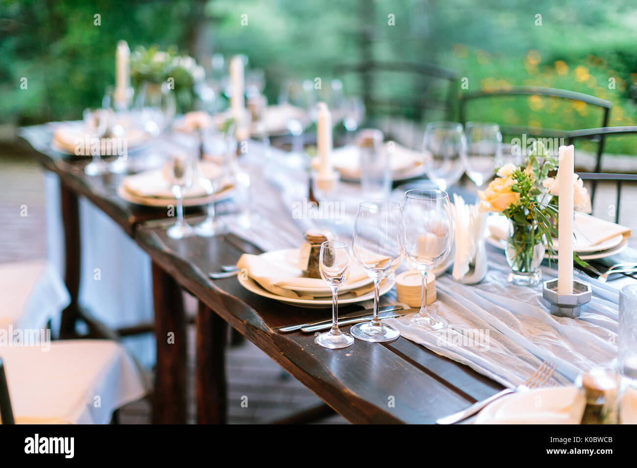 fest, dinner, tradition concept. long oaken table served for ...