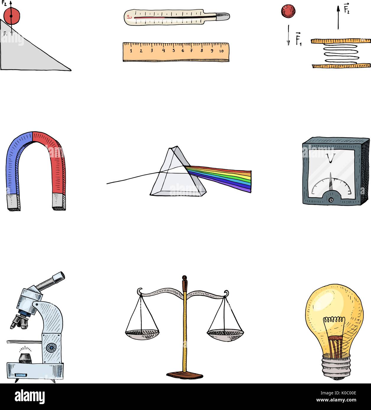 lightbulb and prism, crystal lattice and scale with magnifying glass ...