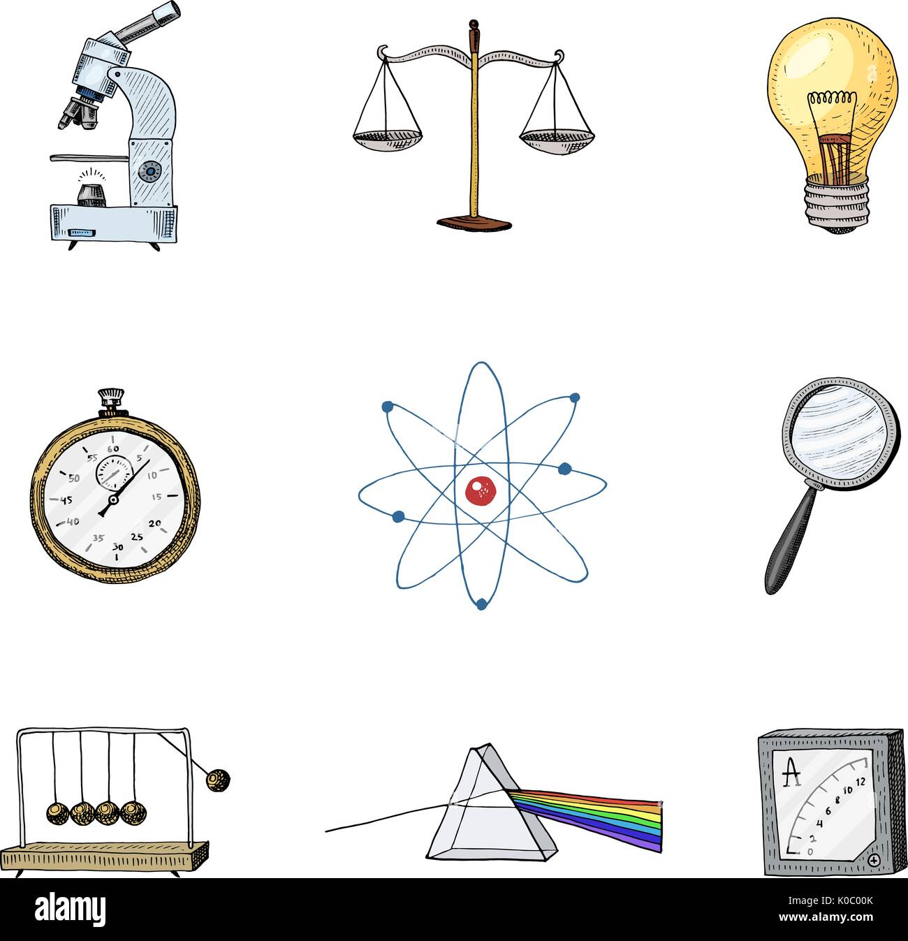 Atom and prism with perpetual motion, compass and lightbulb. engraved ...