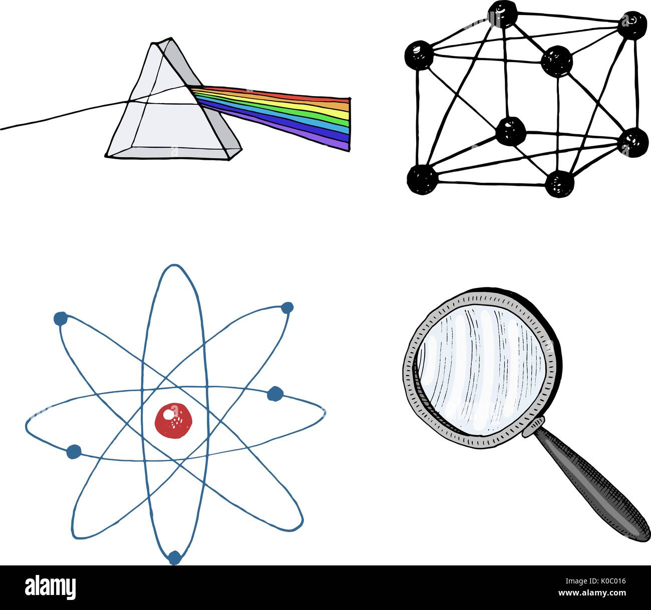 atom and prism, magnifier and crystal lattice. engraved hand drawn in ...