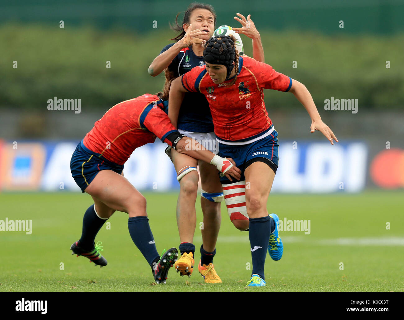 Spain's Isabel Rico and Marina Bravo tackle Hong Kong's Chan Tsz Ching ...