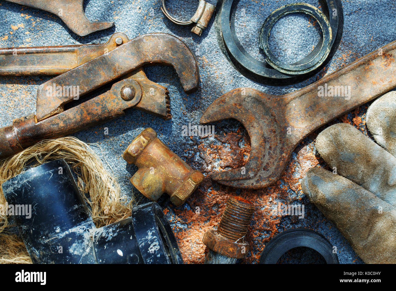 Old rusty tools for plumbing work. View from above Stock Photo - Alamy
