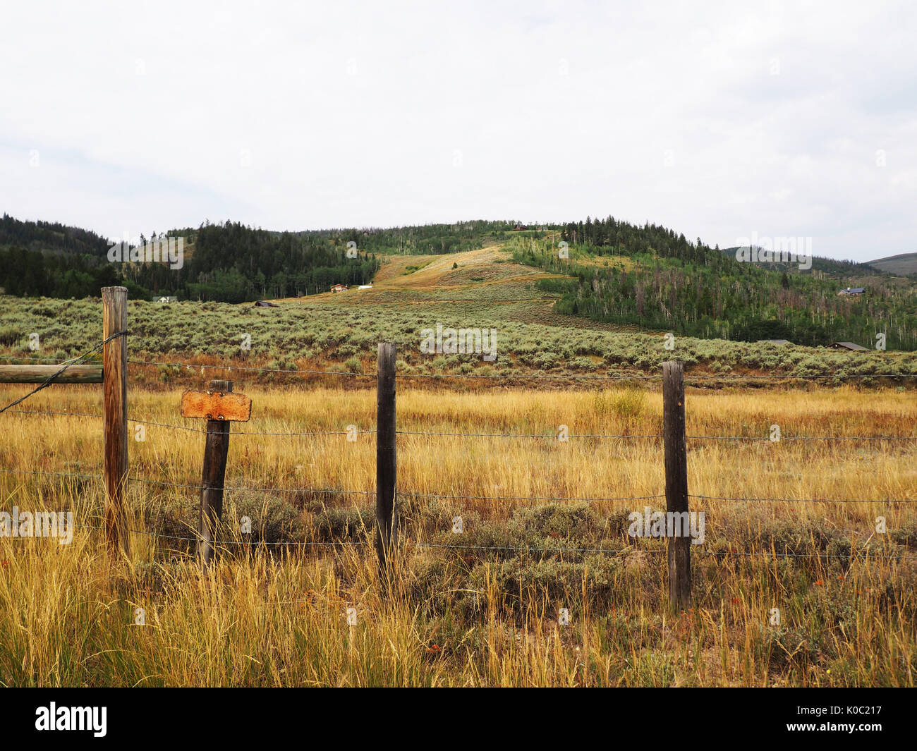 A wire fence on a prairie in Colorado. In the back are gently rolling ...