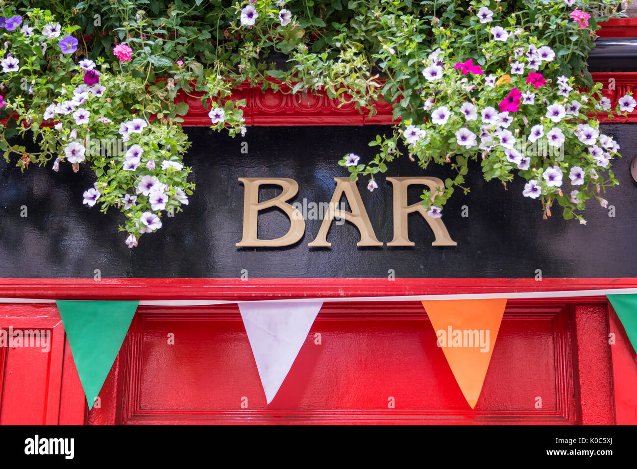 Bar sign with flowers and irish flag colors, irish pub concept in ...