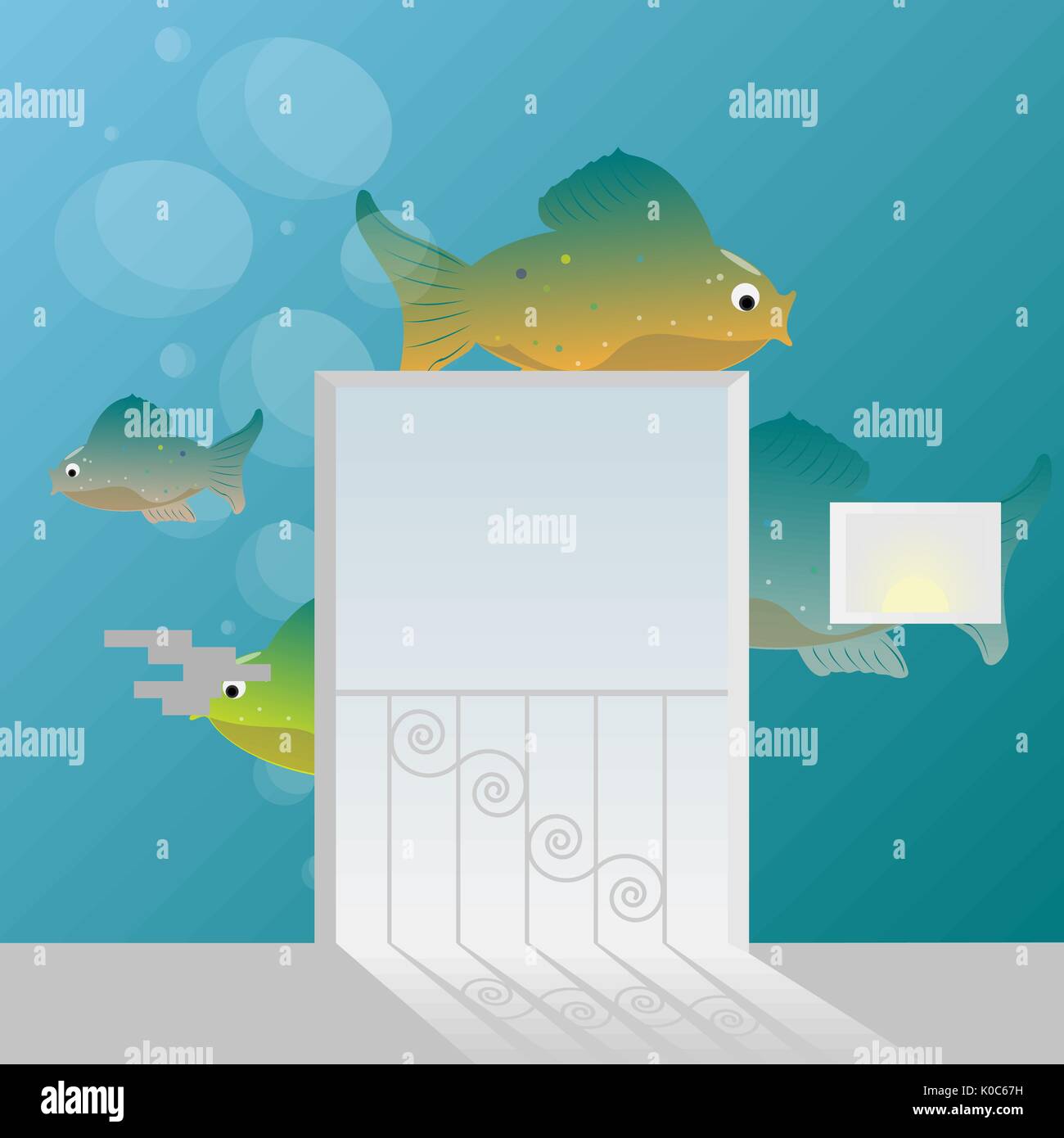 Balcony window view minimalism.Fishes under water wallpaper.Vector ...
