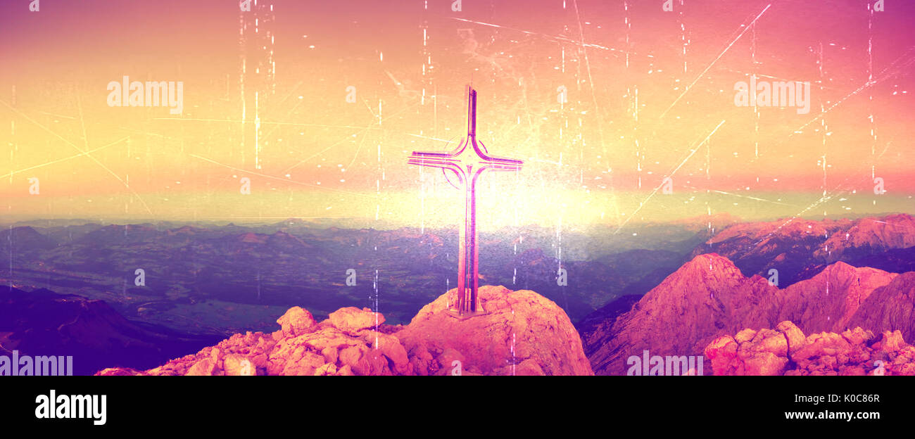 Film grain effect. Lens flare light, strong effect. Cross on peak of ...