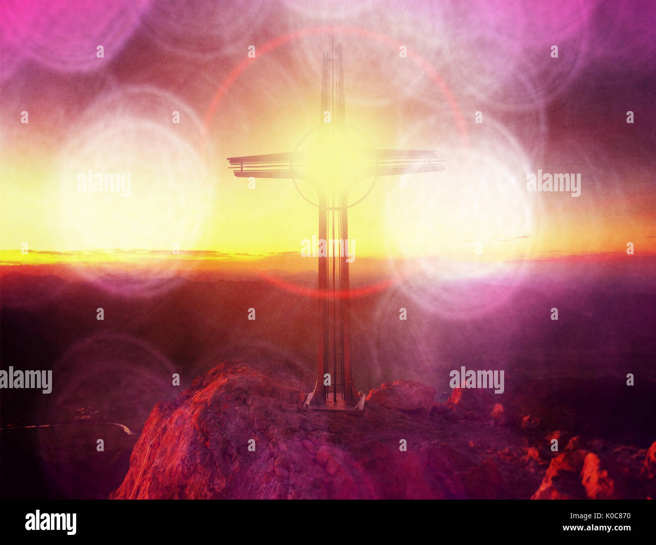 Film grain effect. Lens flare light, strong effect. Cross on peak of ...