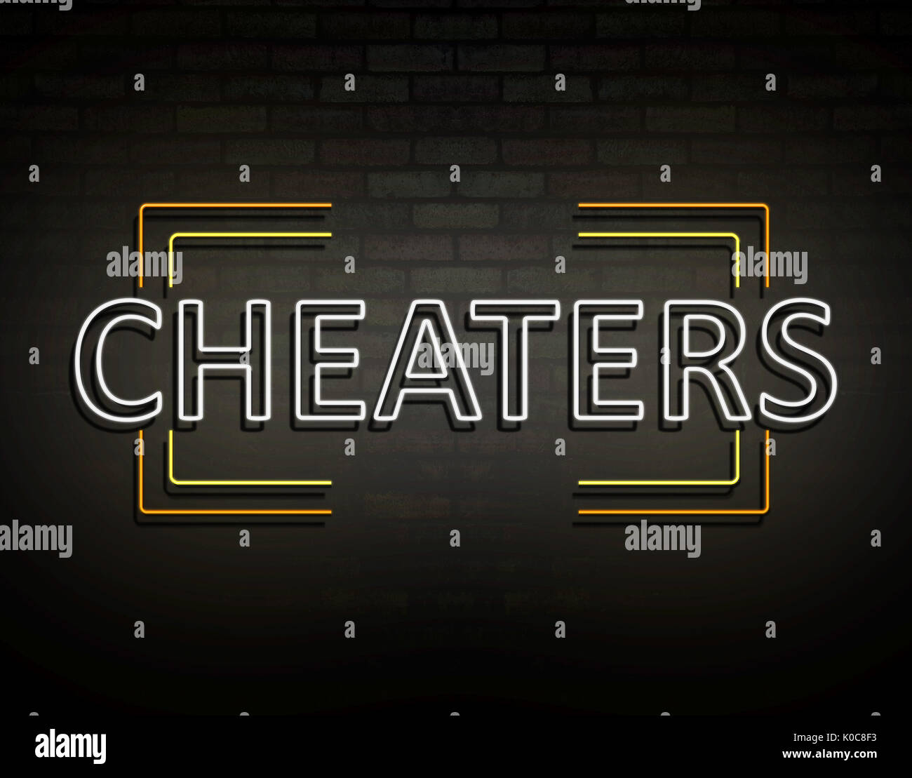 3d Illustration depicting an illuminated neon sign with a cheaters ...