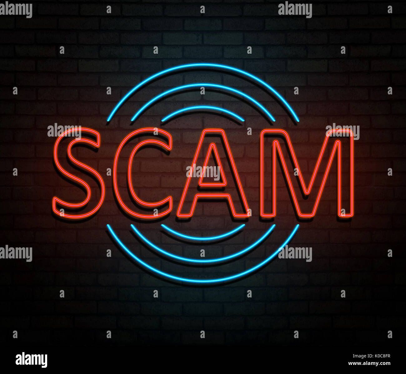 3d Illustration depicting an illuminated neon sign with a scam concept ...
