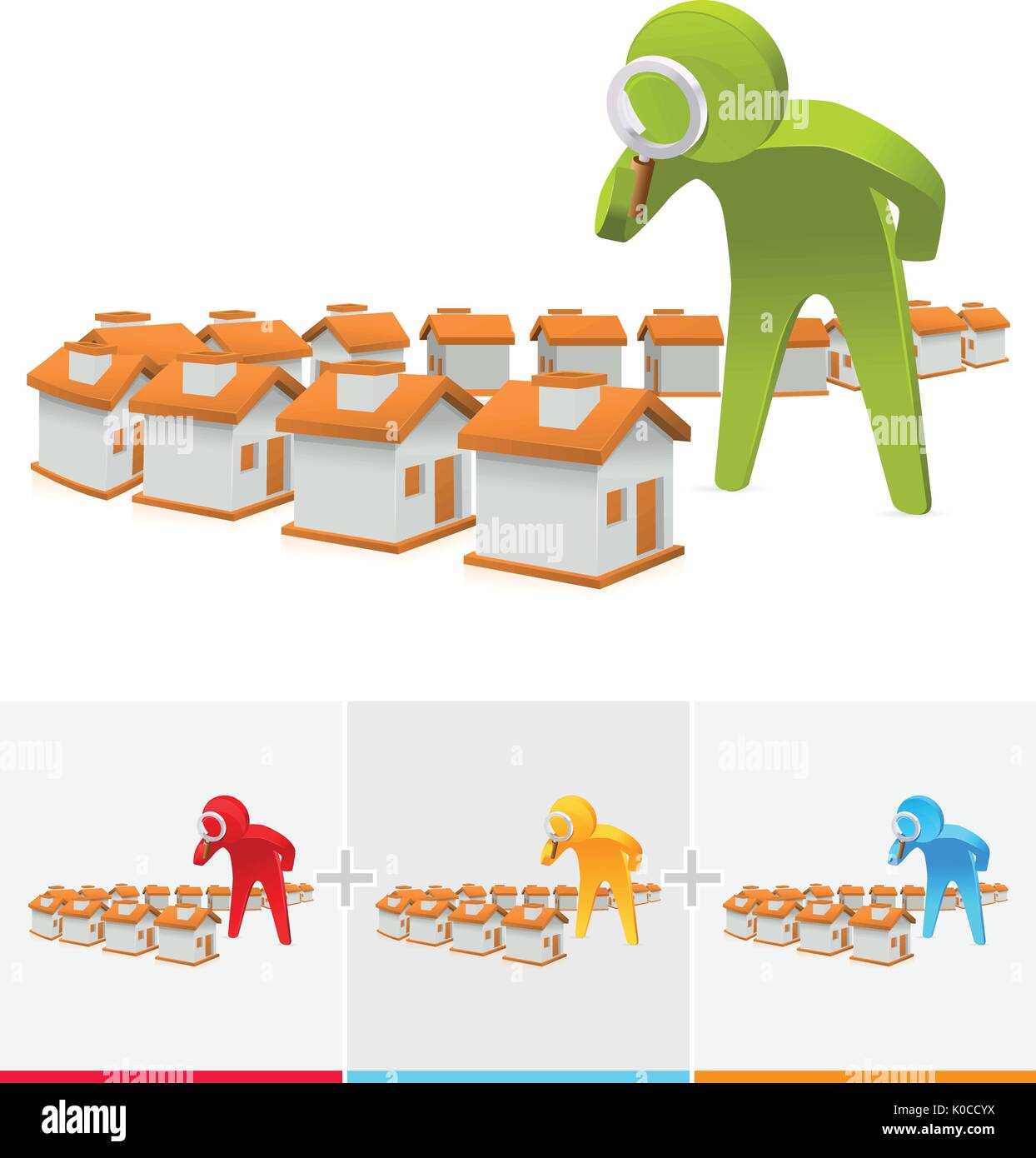 3D vector stick figure inspecting houses using magnifying glass Stock ...