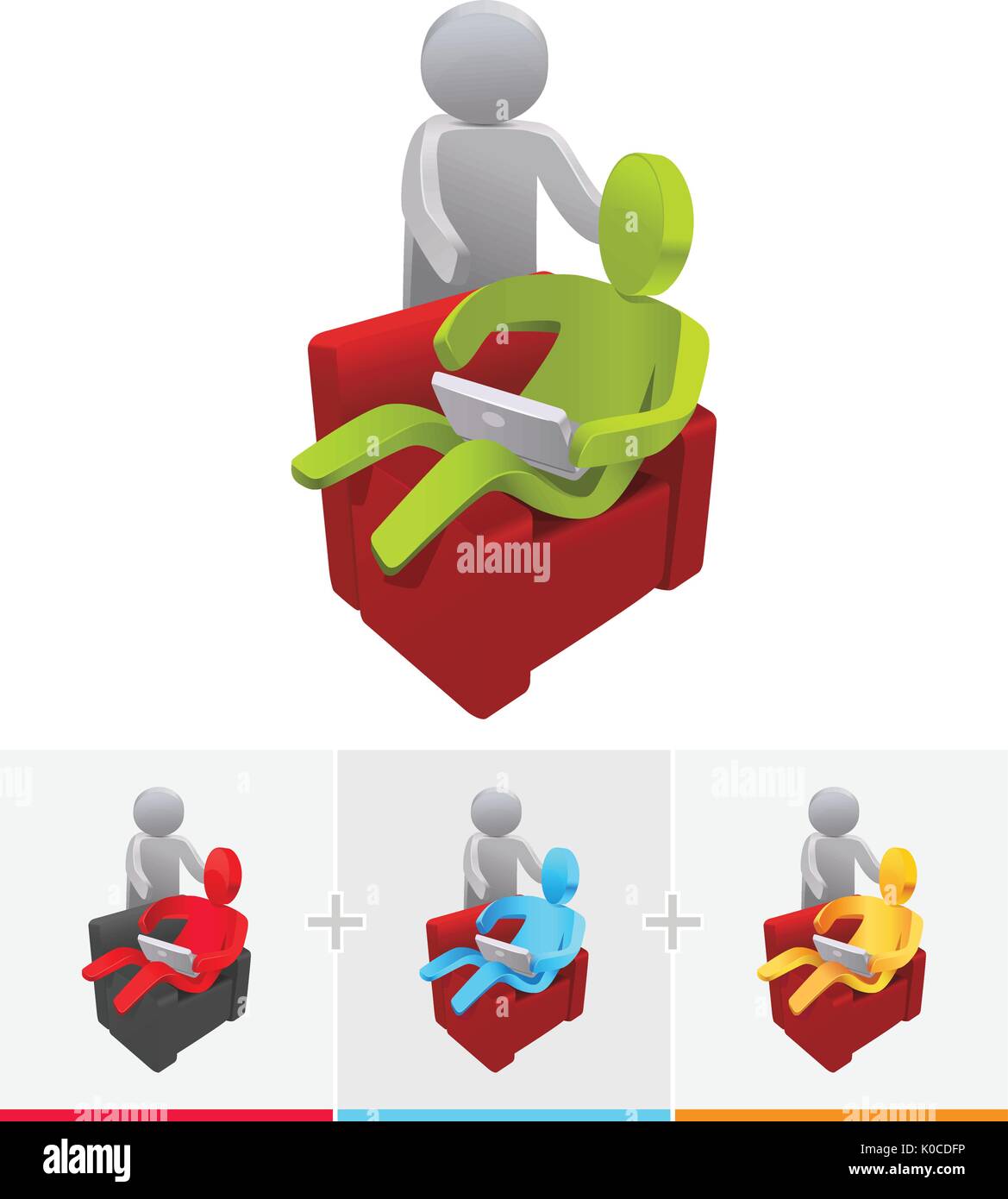 3D vector stick figure pointing toward to a laptop and discussing with ...