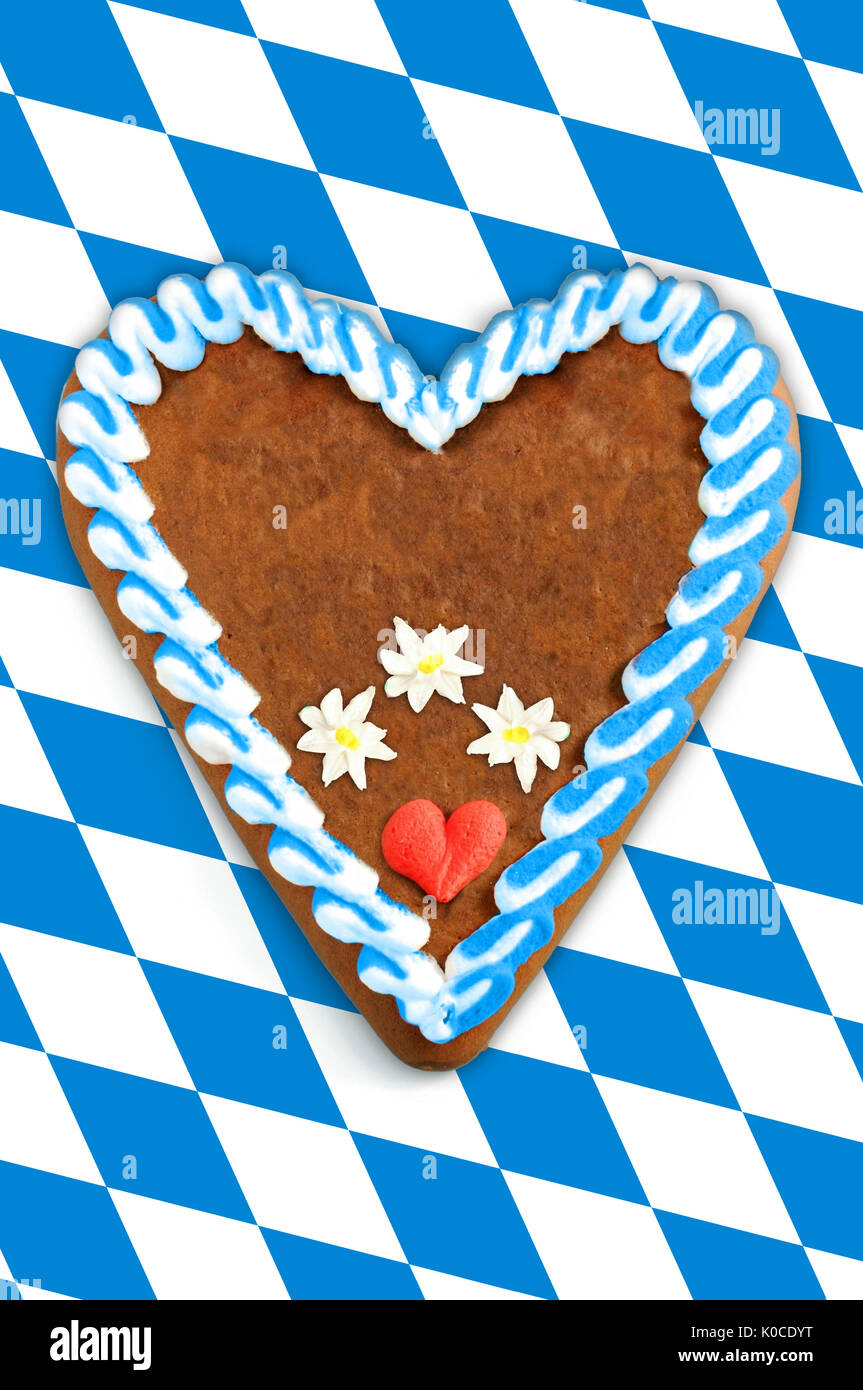 Oktoberfest Gingerbread heart with copy space on bavarian white blue ...