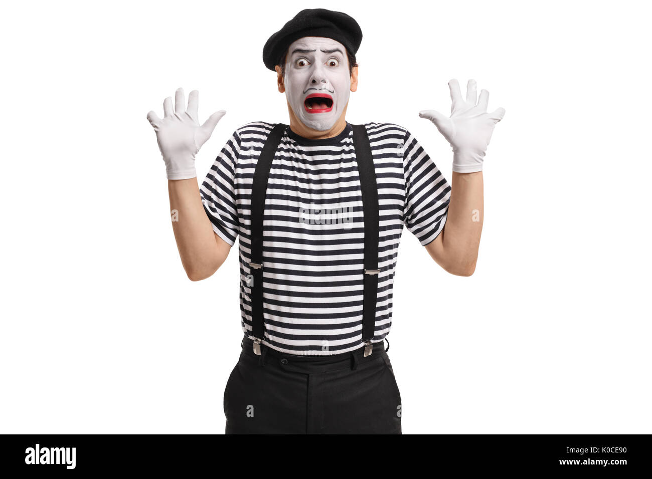 Terrified mime artist isolated on white background Stock Photo - Alamy