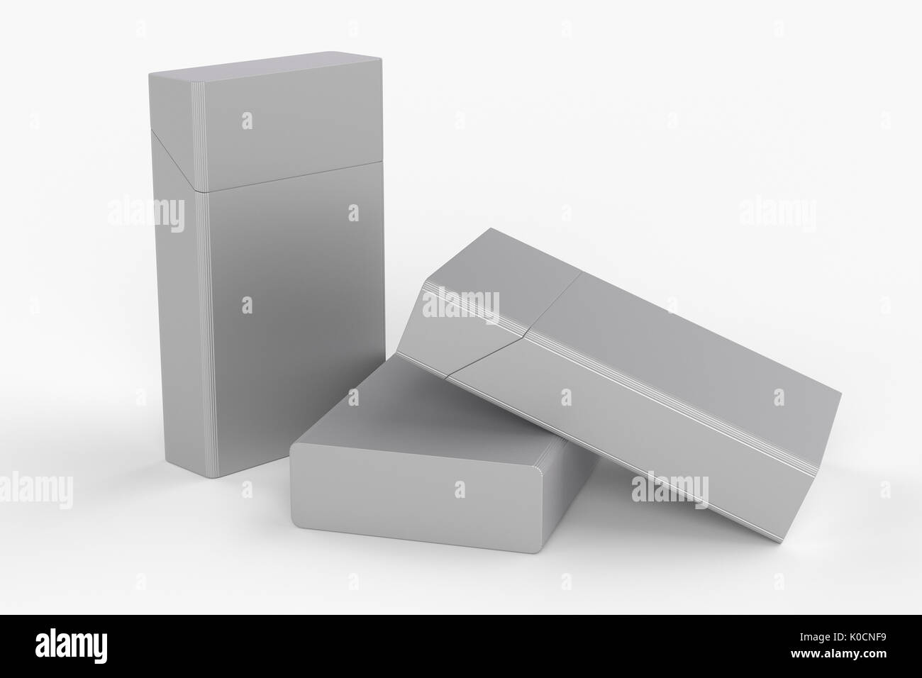 3D render composition of three king size rounded cigarette boxes or ...