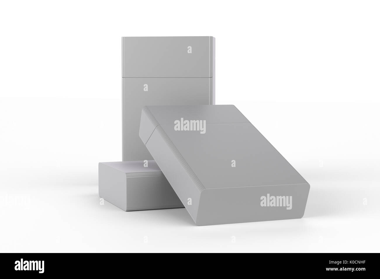 3D render composition of three king size rounded cigarette boxes or ...