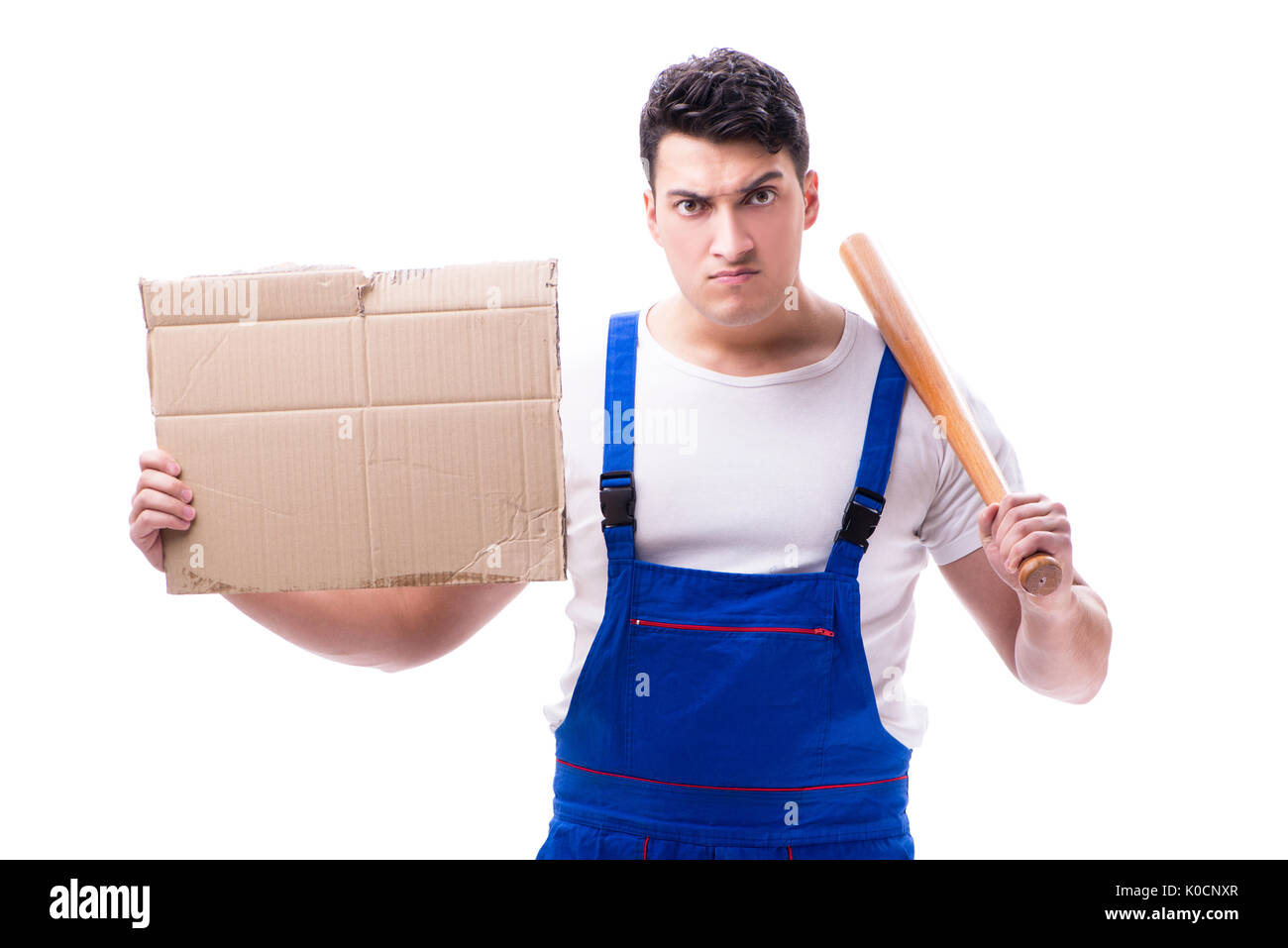 Angry man with baseball bat holding a message board on white background ...