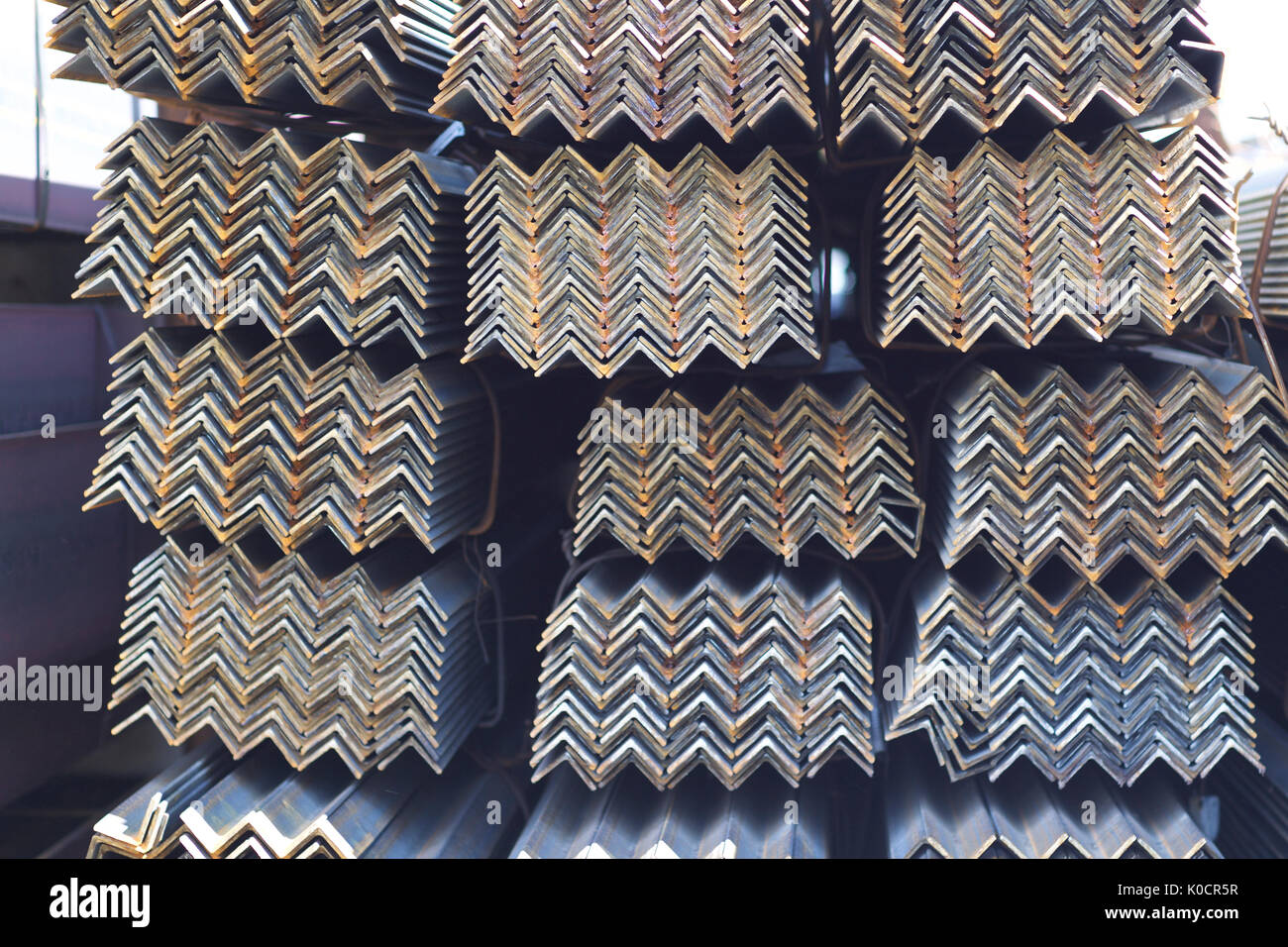 Metal profile angle in packs at the warehouse of metal products, Russia ...