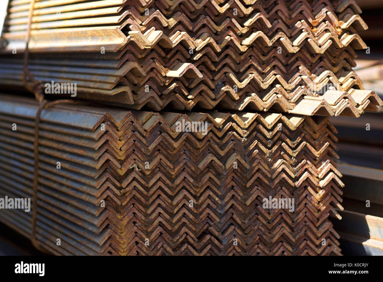 Metal profile angle in packs at the warehouse of metal products, Russia ...
