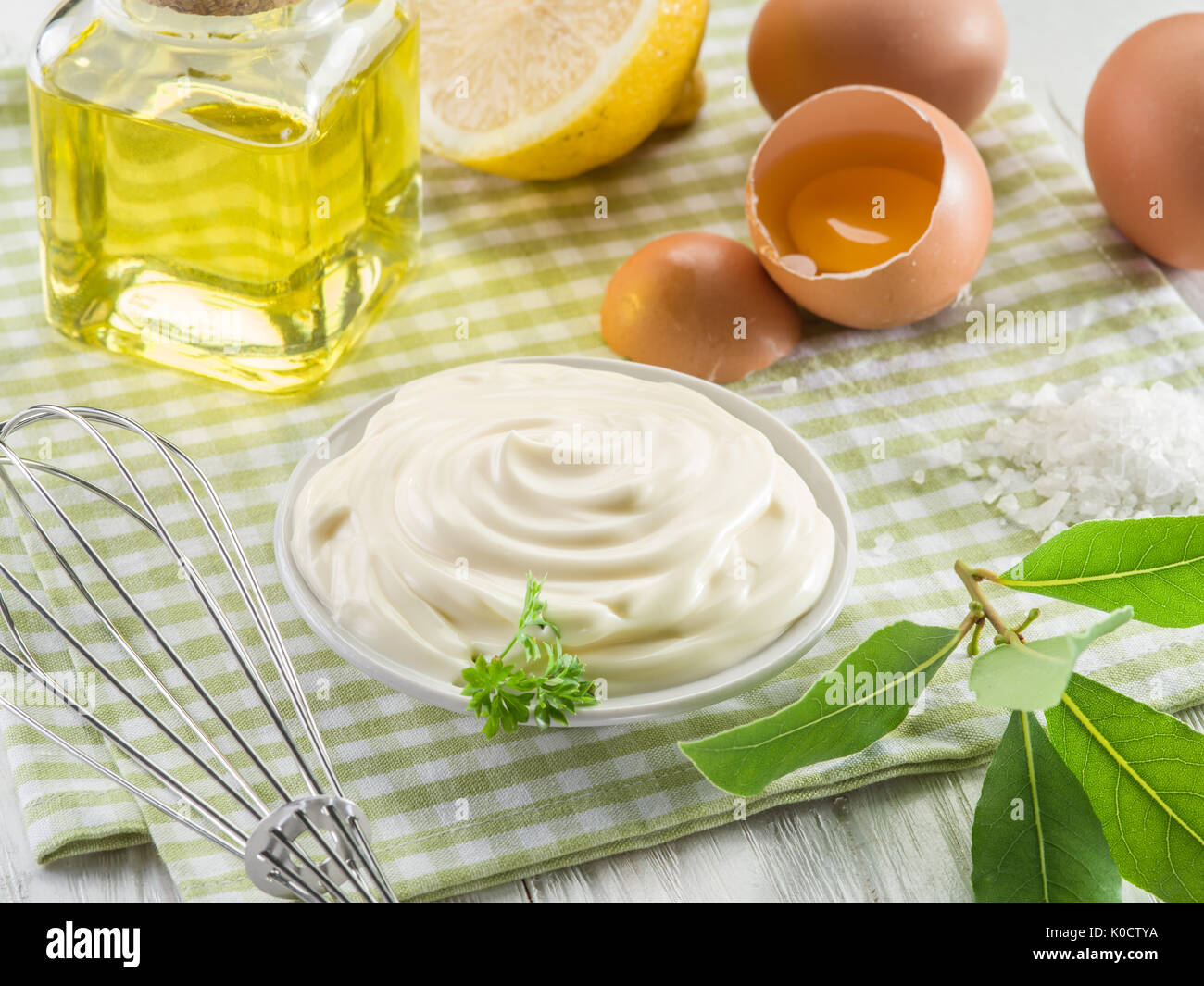 Natural mayonnaise ingredients and the sauce itself Stock Photo - Alamy