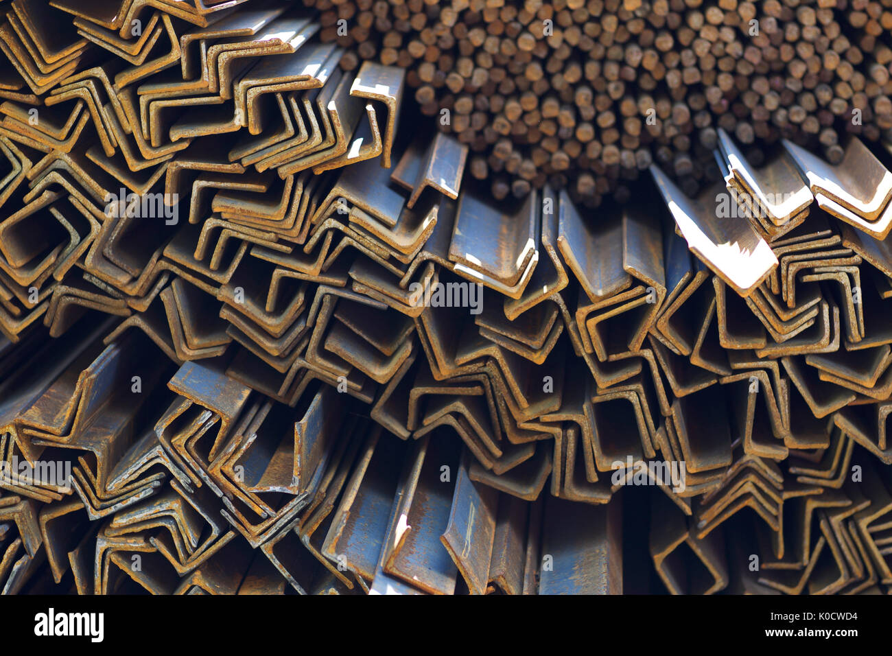 Metal profile angle in packs at the warehouse of metal products, Russia ...