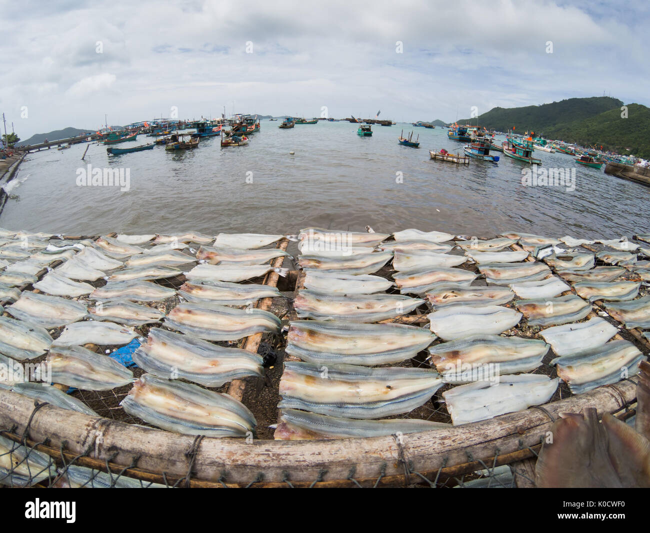 fish drying in the sun in Nam Du island, fishing boats in the ...