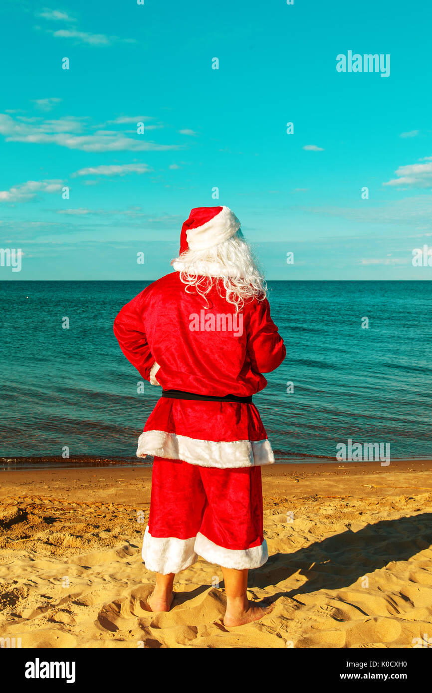 Santa Claus is standing on the beach. View from the back Stock Photo ...