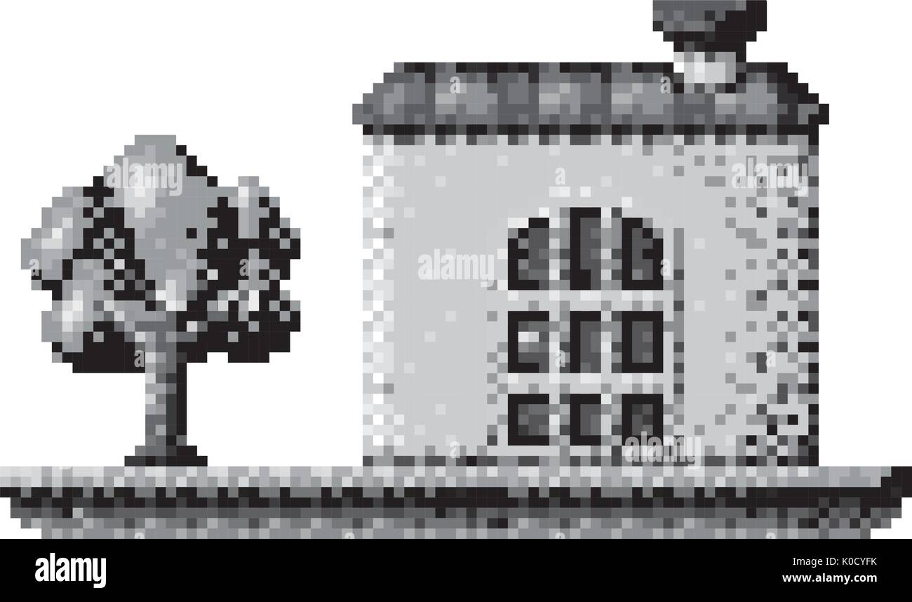 monochrome pixelated house in meadow with tree Stock Vector Image & Art ...