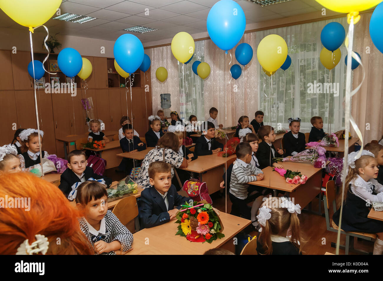 Ukraine.Kiev - September 1, 2016. First-graders sit in their class at ...
