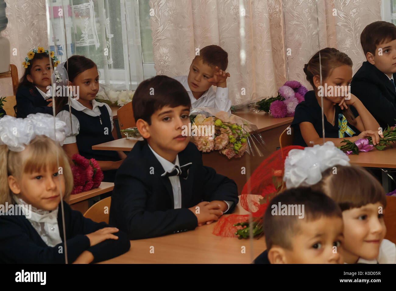 Ukraine.Kiev - September 1, 2016. First-graders sit in their class at ...