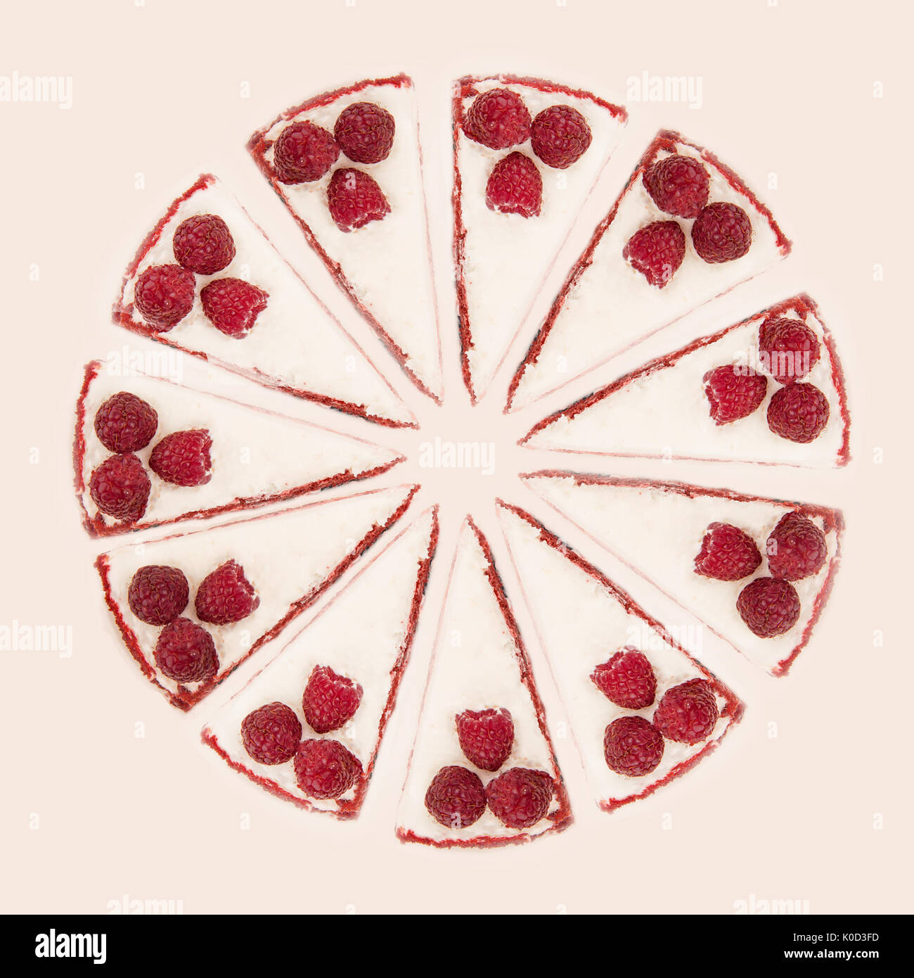 Circle of pies with raspberries and white cream isolated over white ...