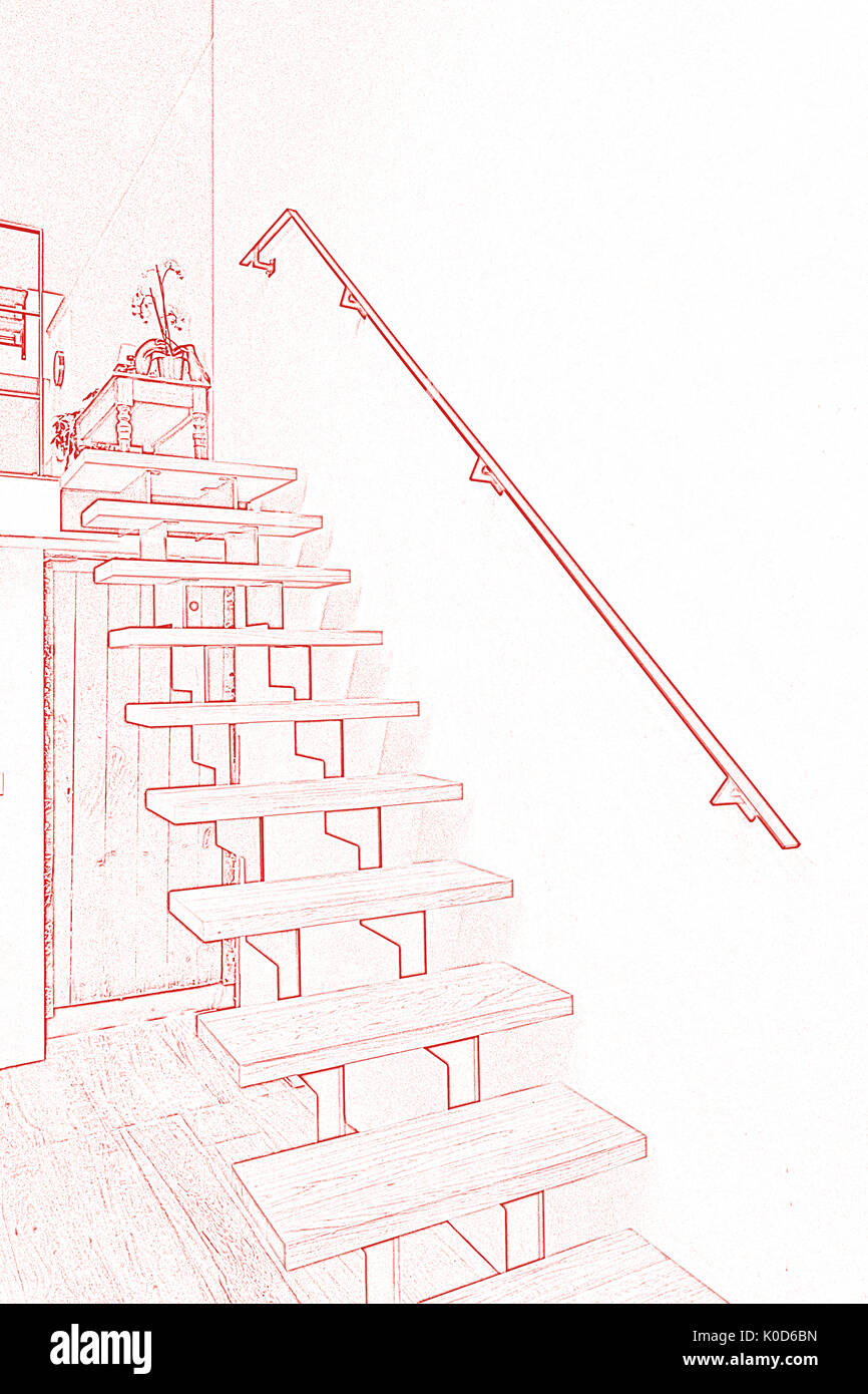 Drawing and planned Hardwood stairs and ramp in modern renovated living ...