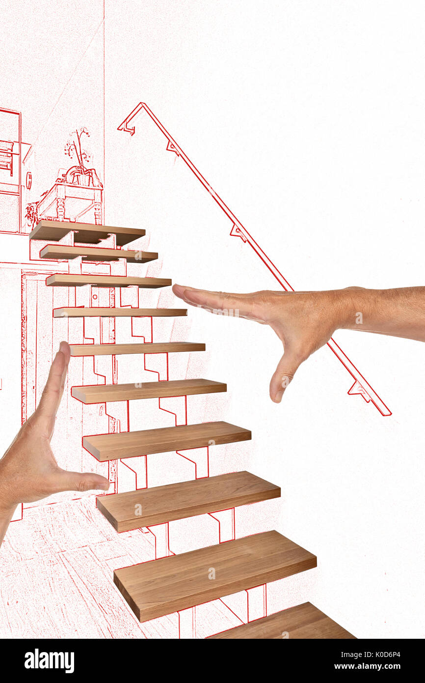 Drawing and planned Hardwood stairs and ramp in modern renovated living ...