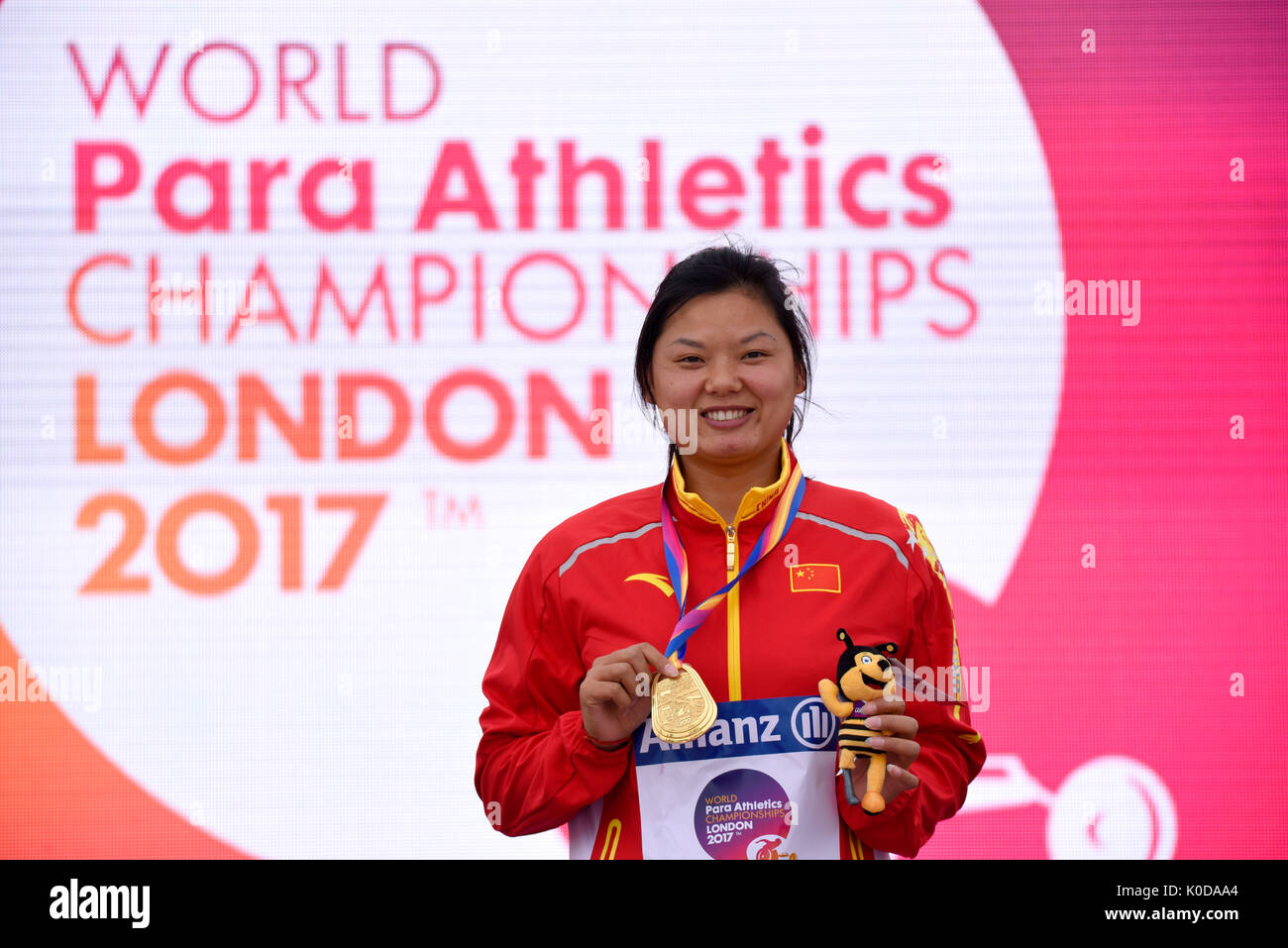 Juan Yao gold medal winner at the medal ceremony for the F44 discus at ...