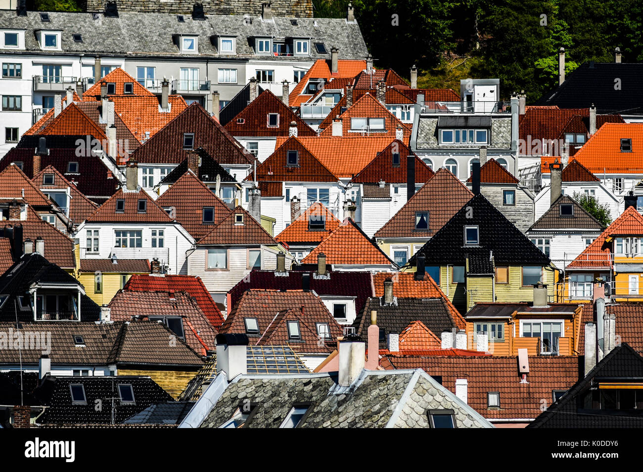 Roofs of houses of different colors and shapes in Bergen, Norway Stock ...