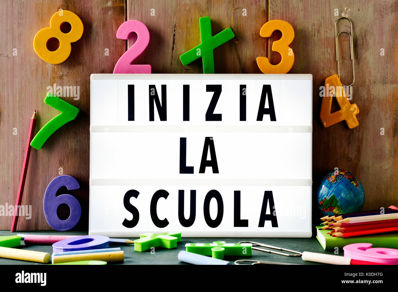 the text inizia la scuola, back to school in italian, in a lightbox ...
